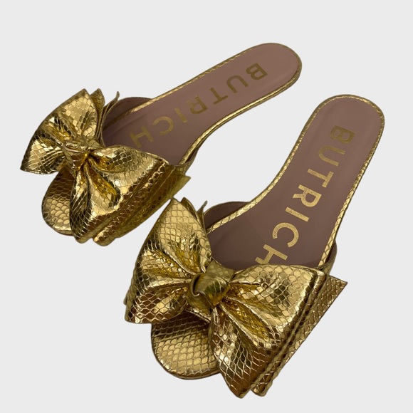 butrich | Shoes | Butrich Alina Textured Gold Leather Bow Flat Sandals ...